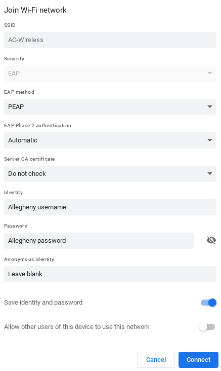 Wireless Configuration Guide for ChromeOS | Information Technology Services | Allegheny College