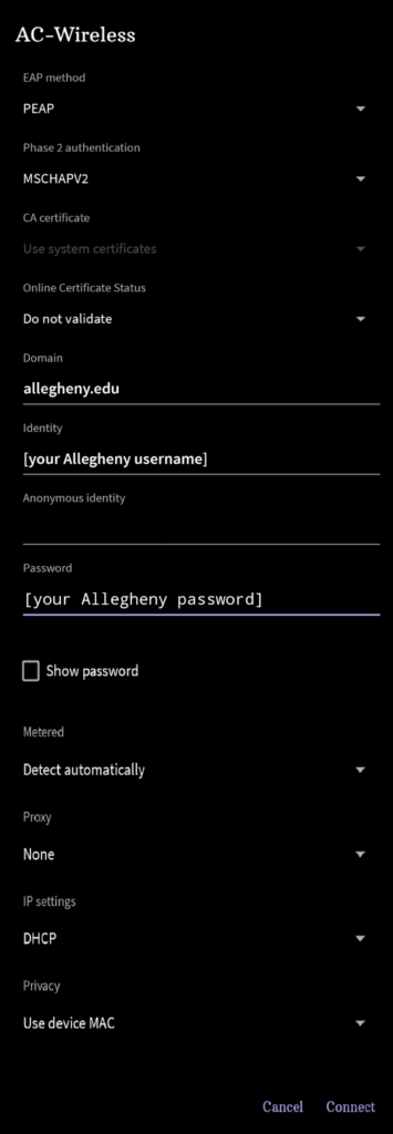 Wireless Configuration Guide for Android | Information Technology Services | Allegheny College